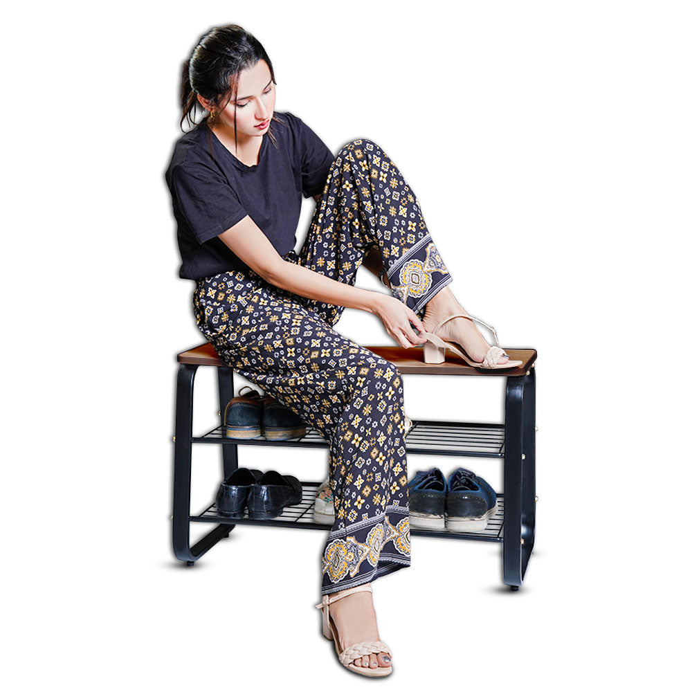 relaxsit 3 Tier Shoe Rack Bench with Metal Frame, Wire Shelves Wood Se ...